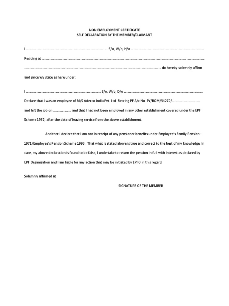 Non Employment Certificate Self Declaration by The Member/Claimant | PDF
