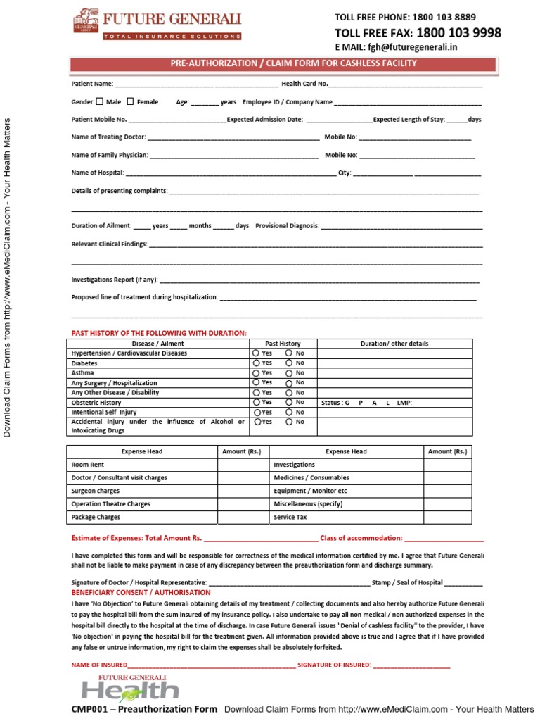 Toll Free Fax:: Pre Authorization / Claim Form For Cashless Facility ...