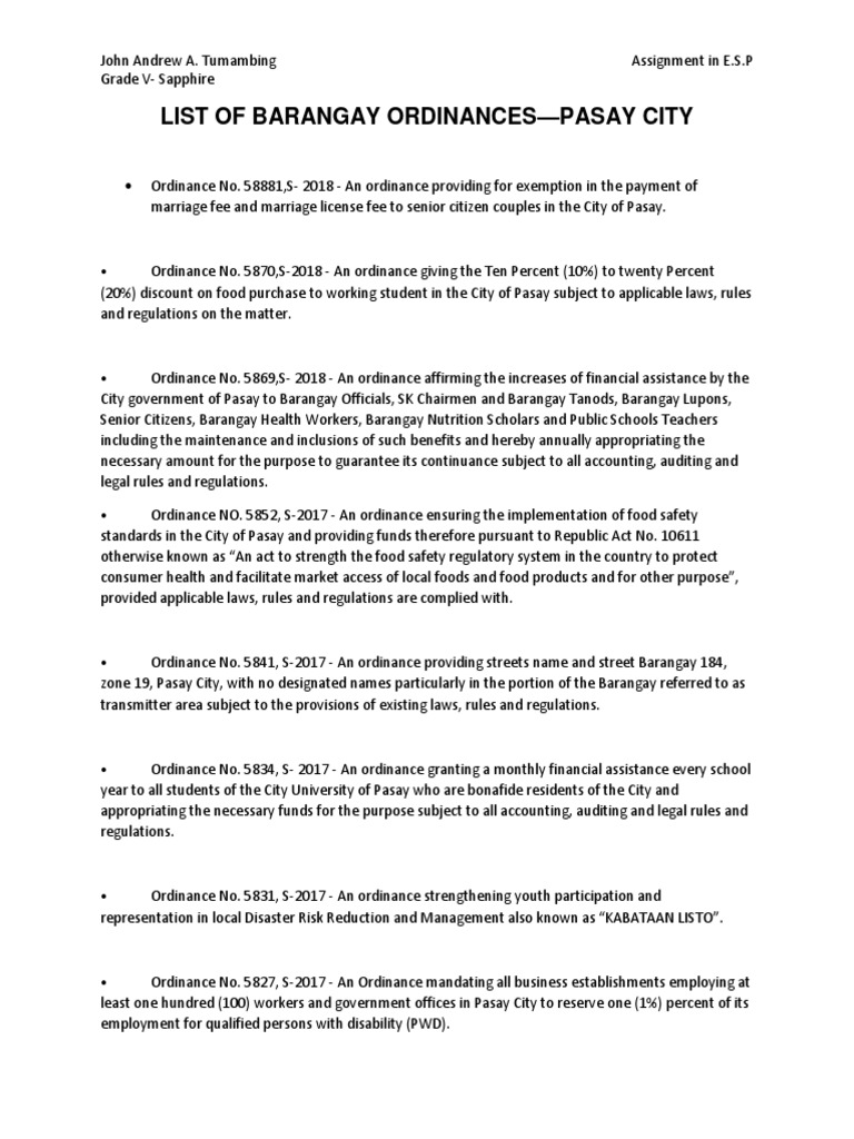 Lisy of Barangay Ordinances | PDF | Food Safety | Foods