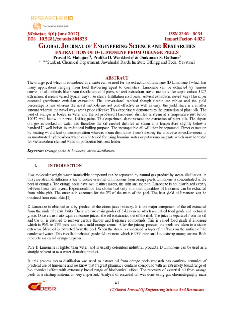 Extraction of D - Limonene From Orange Pe | PDF | Distillation ...