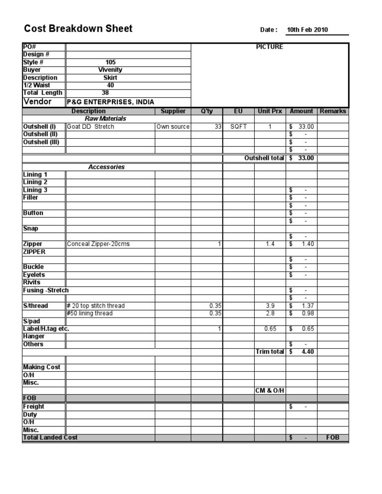 Cost Sheet | PDF
