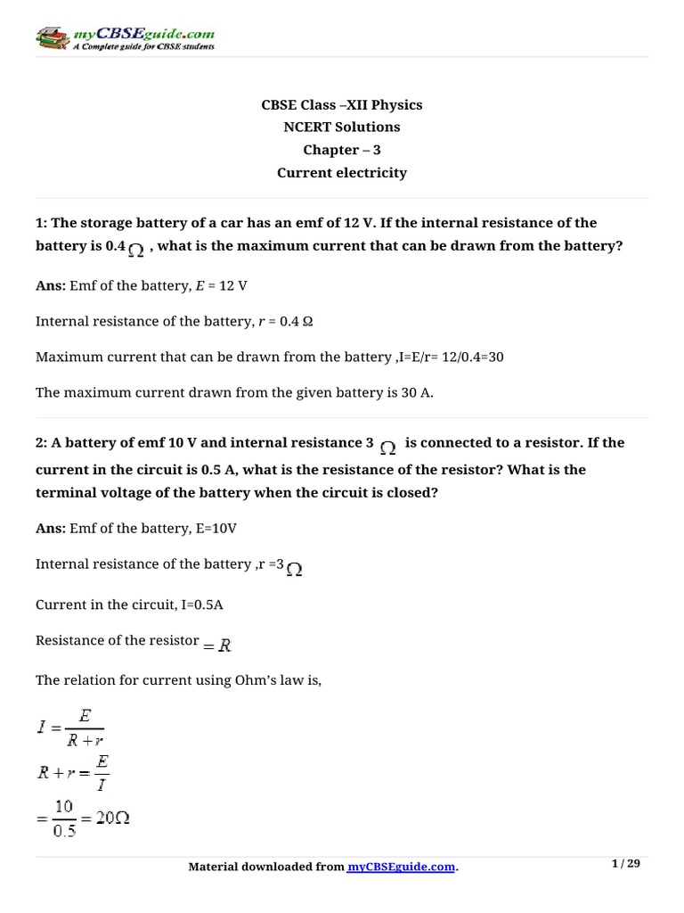 12 Physics Ncert ch03 Current Electricity Part 1 Ques PDF | PDF | Electrical Resistance And ...