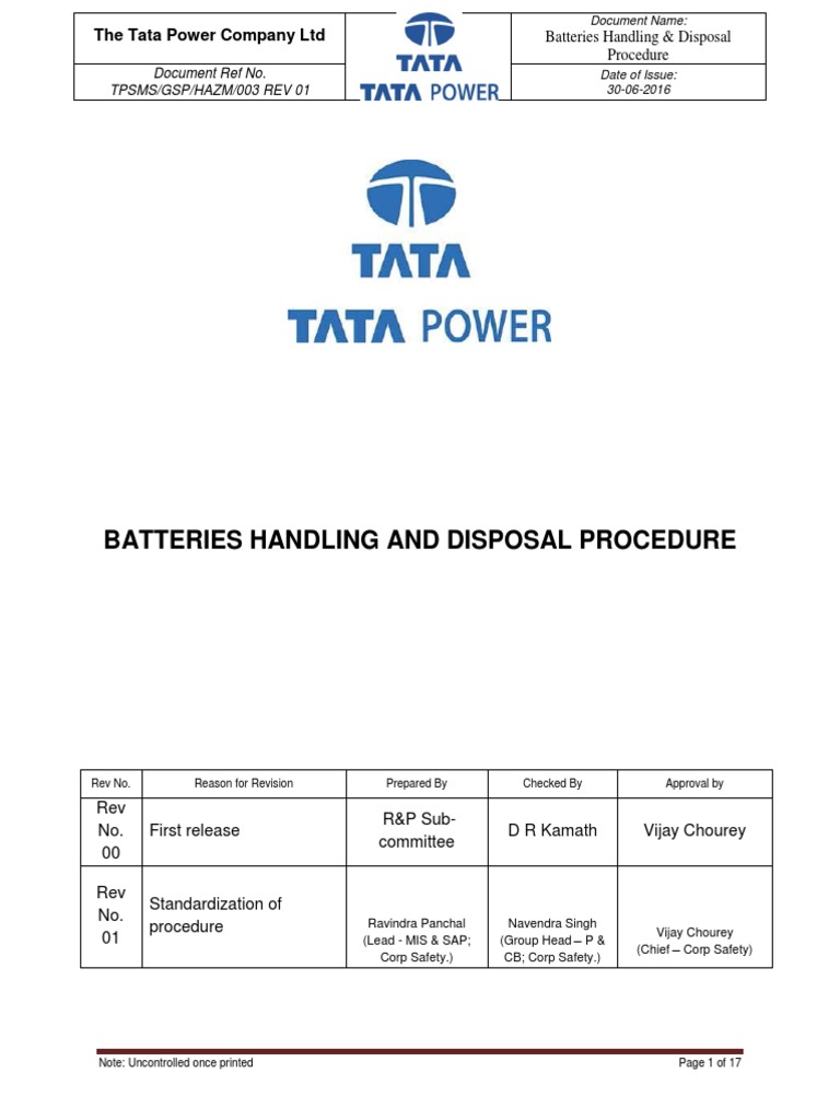 Batteries Handling Disposal Procedure | PDF | Risk | Nature