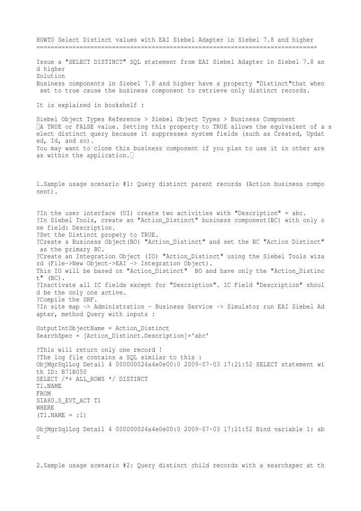 HOWTO Select Distinct Values With EAI Siebel Adapter in Siebel 7.8 and Higher | PDF | Computer ...