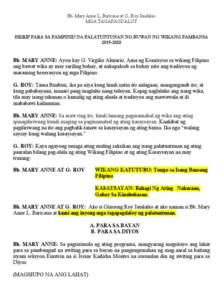 Iskrip para Sa Buwan NG Wika 2019-2020 | PDF