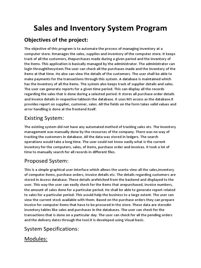 Sales and Inventory System Abstract | PDF | Microsoft Access | Databases