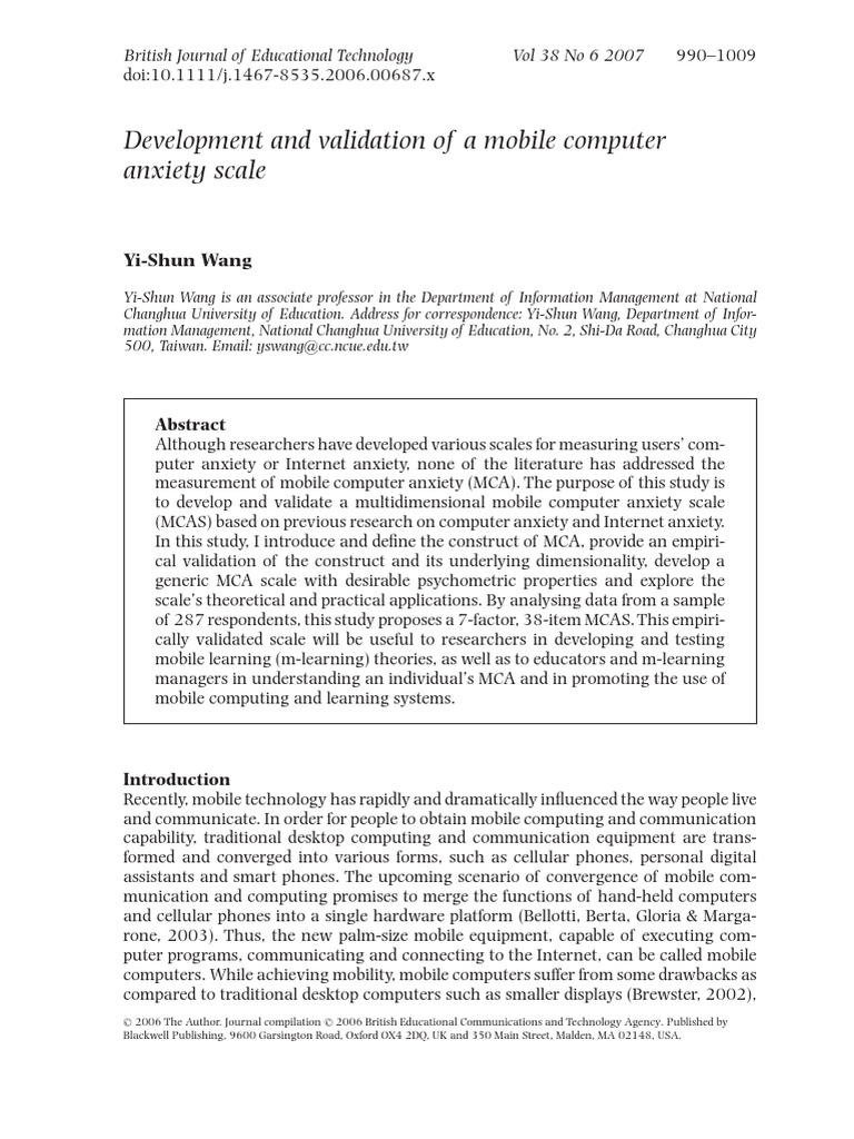 Development and Validation of A Mobile Computer Anxiety Scale | PDF ...