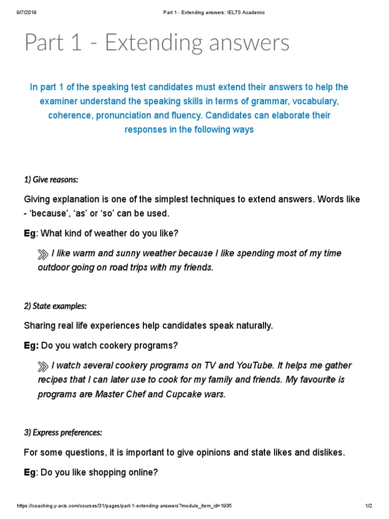 Part 1 - Extending Answers - IELTS Academic | PDF | International ...