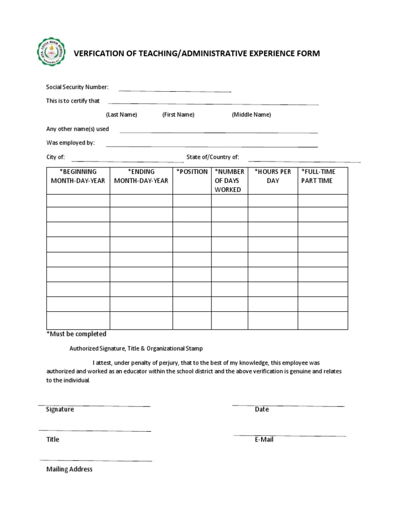 Teacher Experience Verification Form Pdf 3910