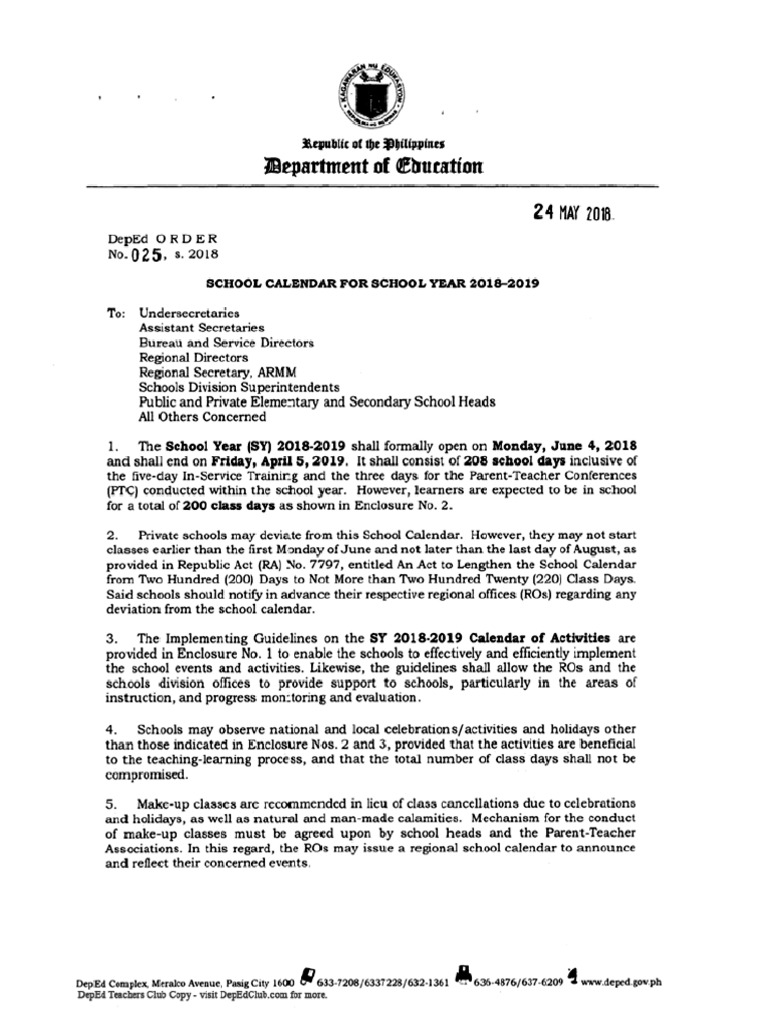 School Calendar For School Year 2018-2019 DepEd Order 25, S. 2018 PDF | PDF