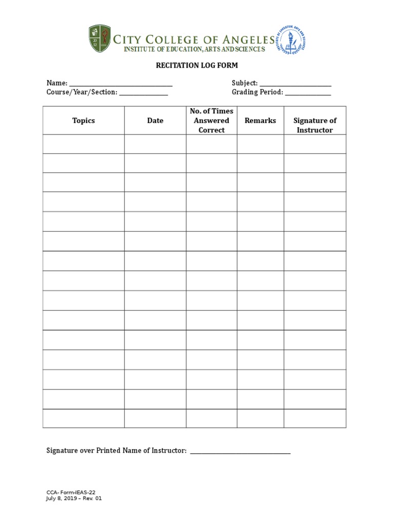 Form 22 Recitation Log Form | PDF