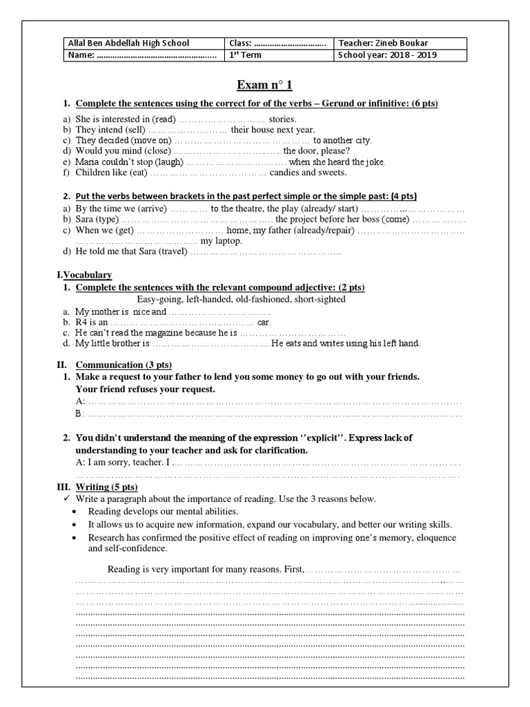 Exam Preparation: High School English Exam Covering Grammar, Vocabulary ...