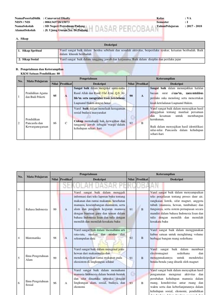 Contoh Rapor SD | PDF