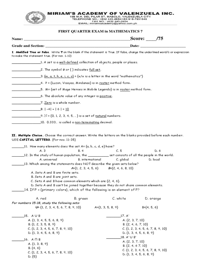 Grade 7 Math 1st Quarter Exam | PDF | Elementary Mathematics | Discrete ...