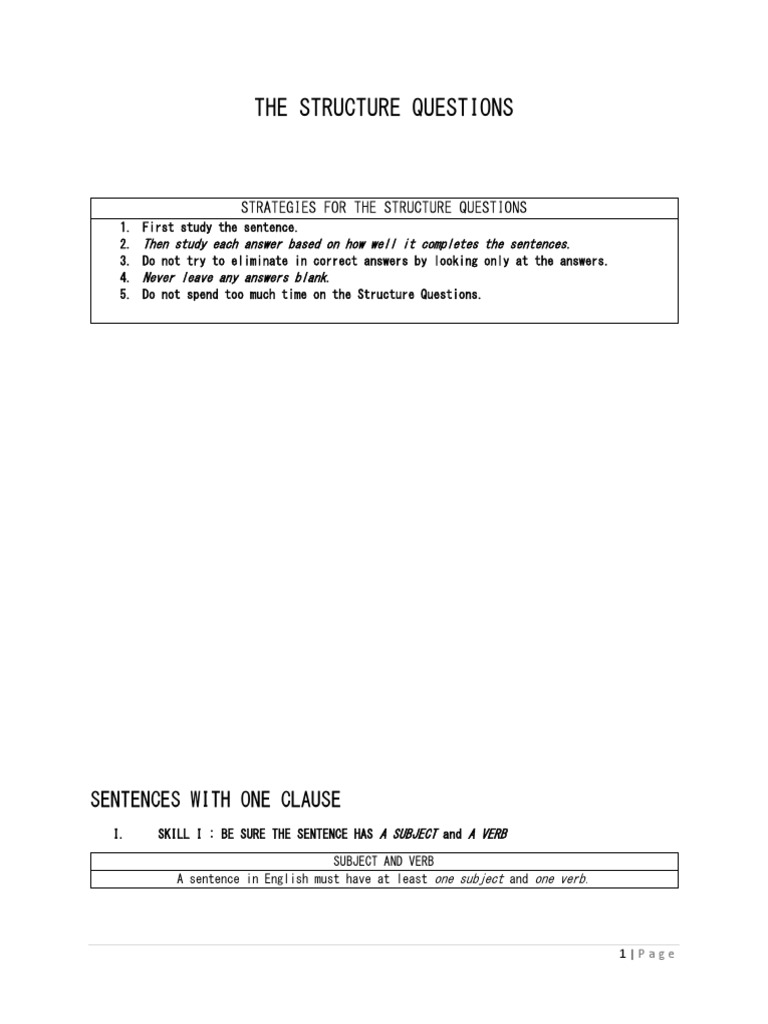 Strategies For The Structure Questions | PDF | Subject (Grammar) | Verb