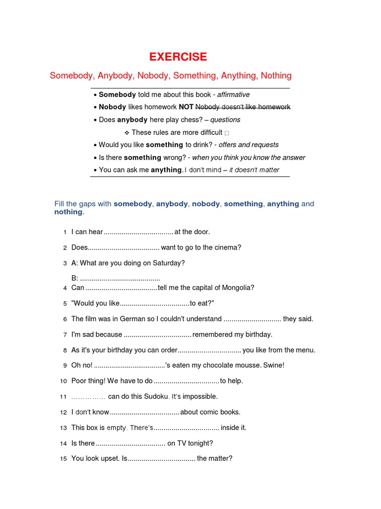 Exercise: Somebody, Anybody, Nobody, Something, Anything, Nothing | PDF