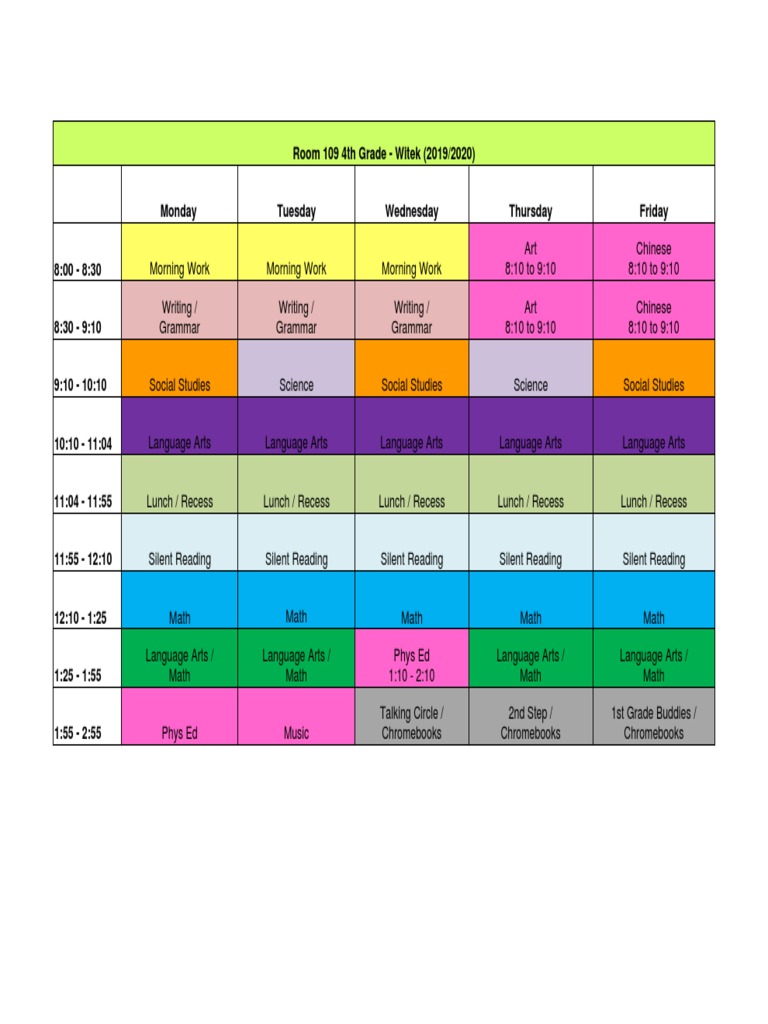 109 4th Grade Schedule 2019 | PDF | Language Arts & Discipline