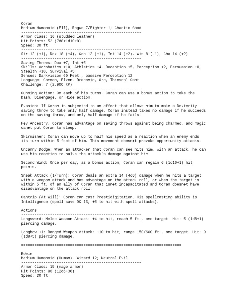 D&D Character Stats: Coran, Edwin, Faldorn, Imoen | PDF | Fantasy Role ...
