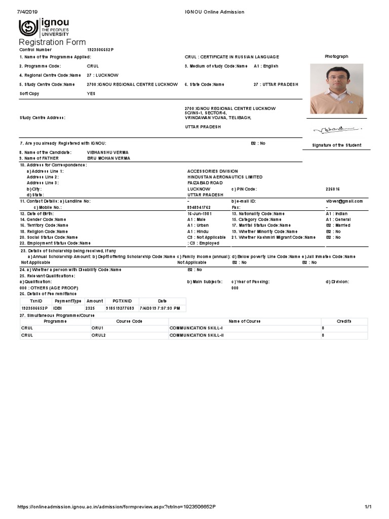 Ignou Online Admission Form Submission | PDF