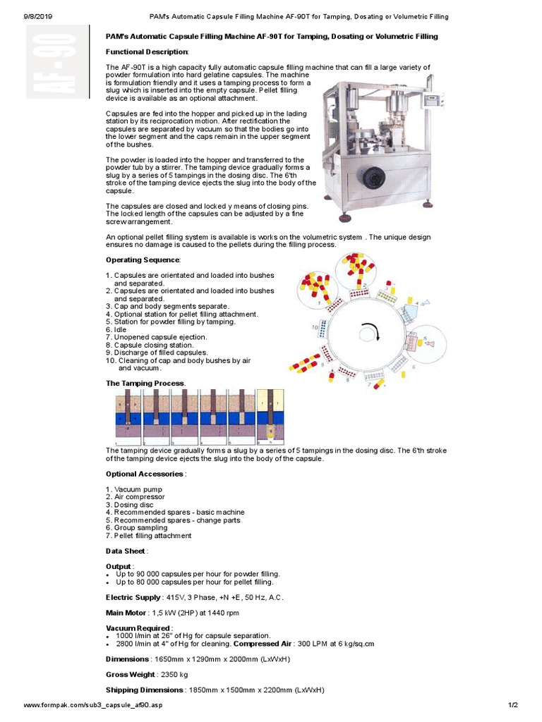PAM's Automatic Capsule Filling Machine AF-90T For Tamping, Dosating or Volumetric Filling | PDF ...