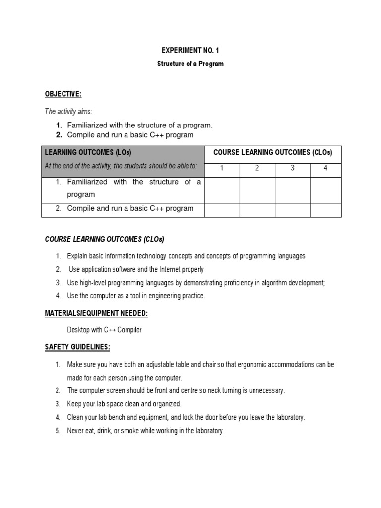 Experiment No. 1 Structure of A Program: The Activity Aims | Download Free PDF | C (Programming ...