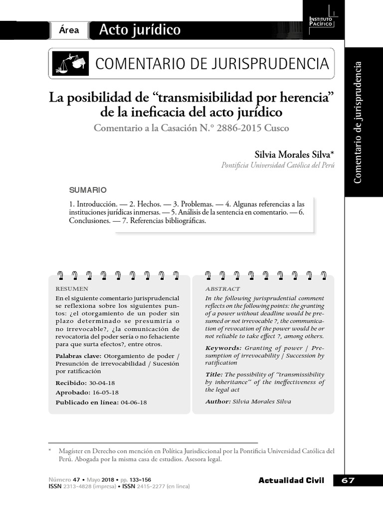Silvia Morales Silva. La Posibilidad de Transmisibilidad Por Herencia de La Ineficacia Del Acto ...