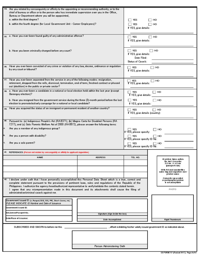 CS Form No. 212 Revised Personal Data Sheet - New | PDF | Passport ...