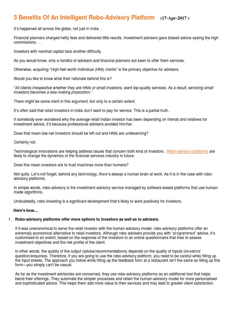 3 Benefits of An Intelligent Robo Advisory Platform | PDF | Risk ...