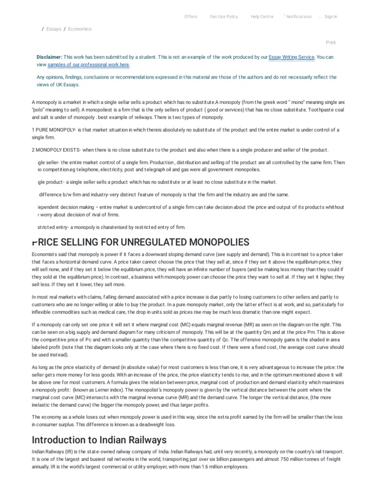 Monopoly Case Study - Indian Railways and Its Performance | PDF | Monopoly | Demand