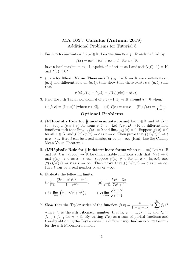 MA 105: Calculus (Autumn 2019) Additional Problems For Tutorial 5 | PDF ...