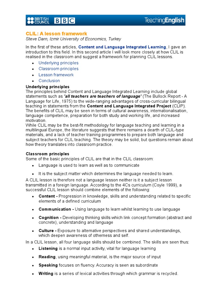 CLIL A Lesson Framework - BCBBC | PDF | Teachers | English Language