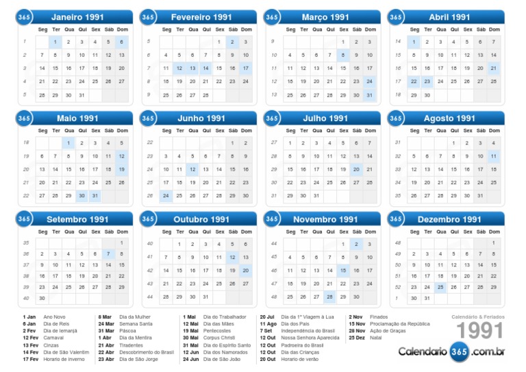 Calendário 1991 PDF | PDF