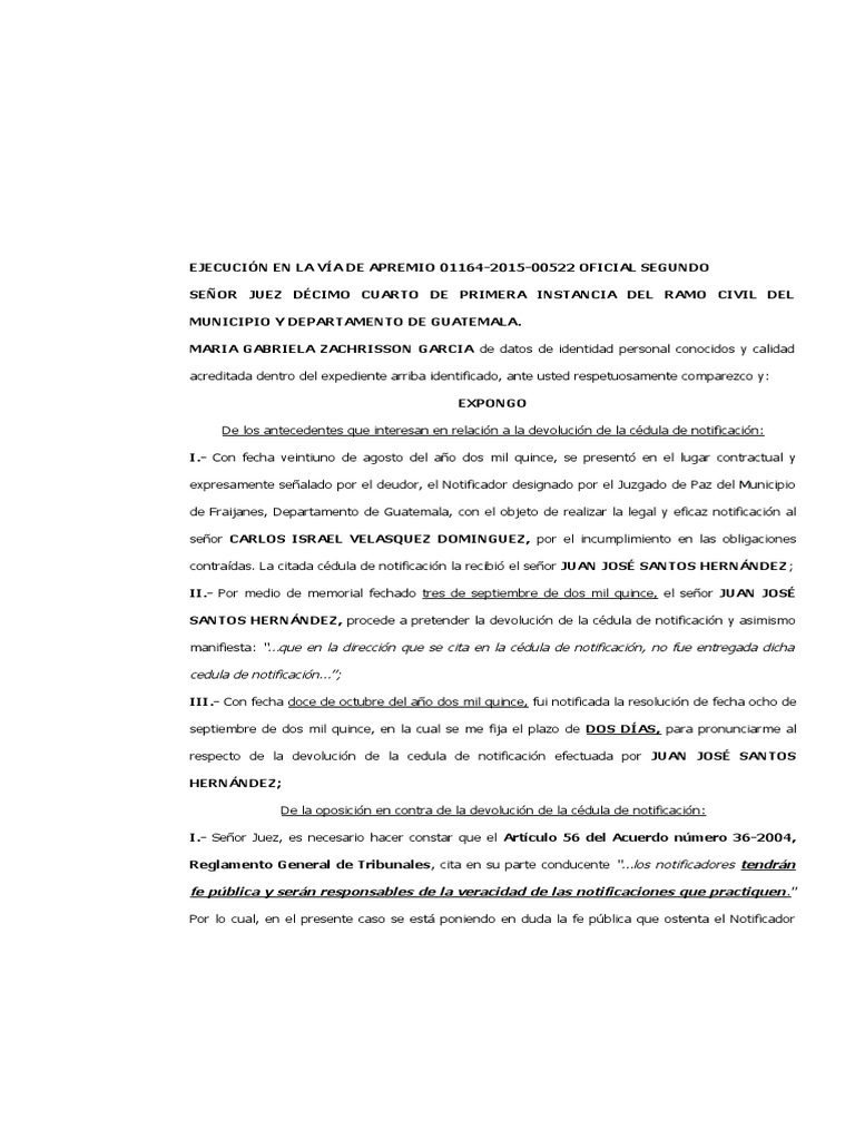 Memorial Oposición Devolución Cédula de Notificacion | PDF | Ley procesal | Ley Pública