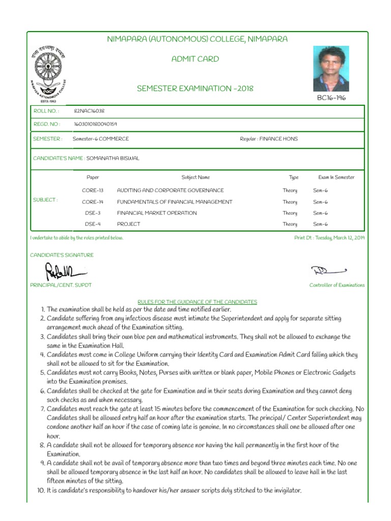 Nimapara (Autonomous) College, Nimapara Admit Card Semester Examination ...