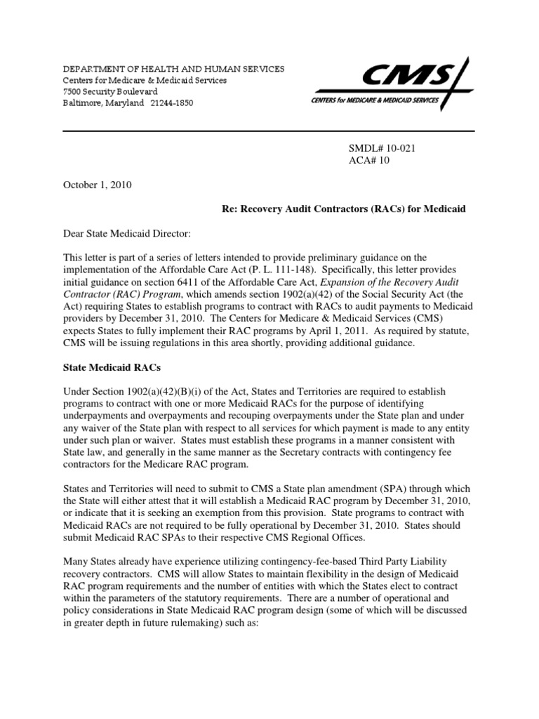 State Medicaid Director Letter Recovery Audit Contractors (RACs) for ...