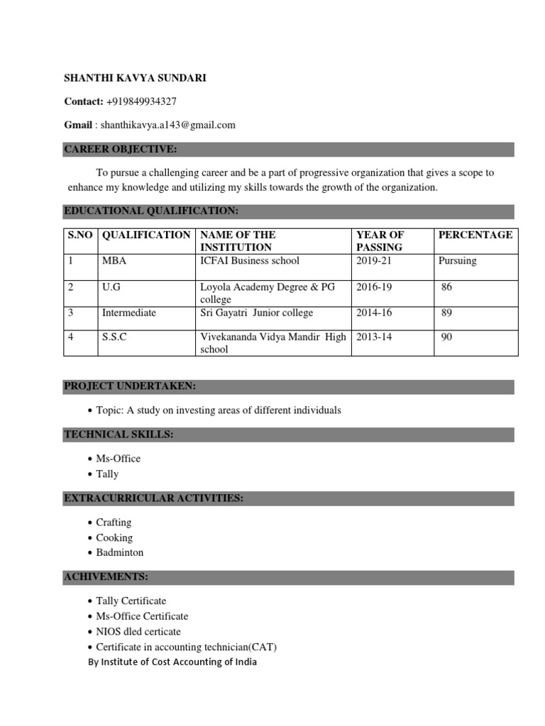 Shanthi Kavya Sundari - Resume Overview | PDF