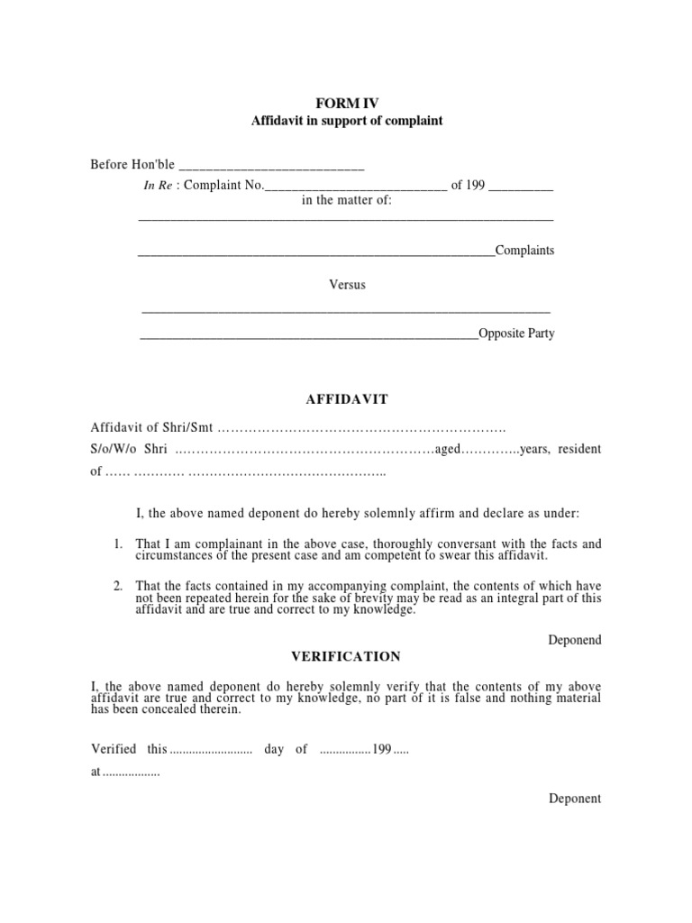 Affidavit in Support of Complaint: Form Iv | PDF