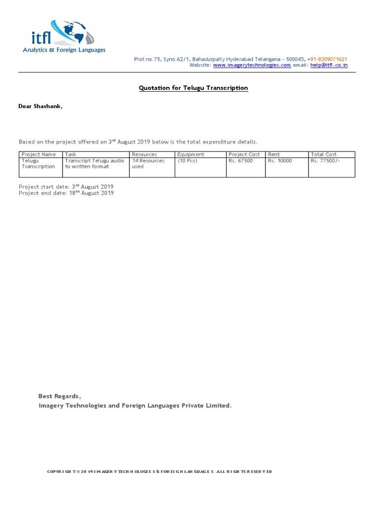 Quotation For Telugu Transcription - v2 | PDF