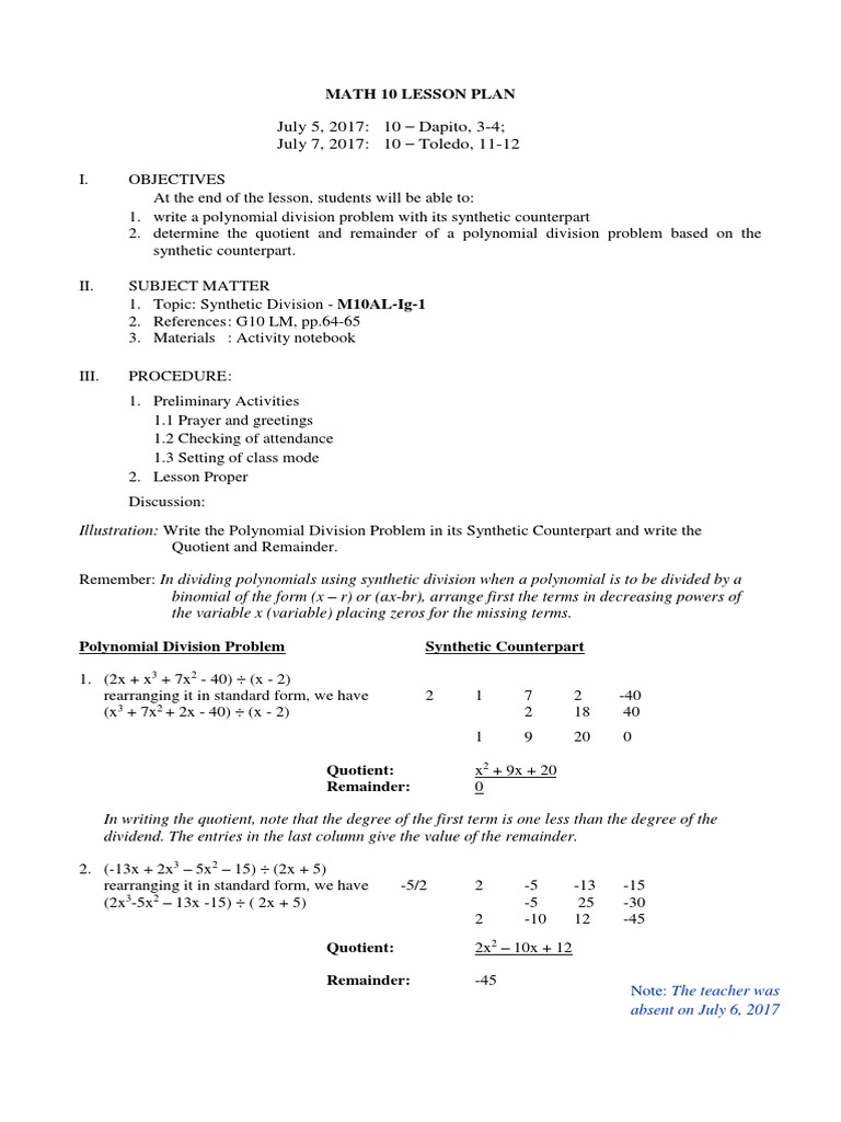 Synthetic Division Lesson Plan | PDF | Division (Mathematics) | Polynomial