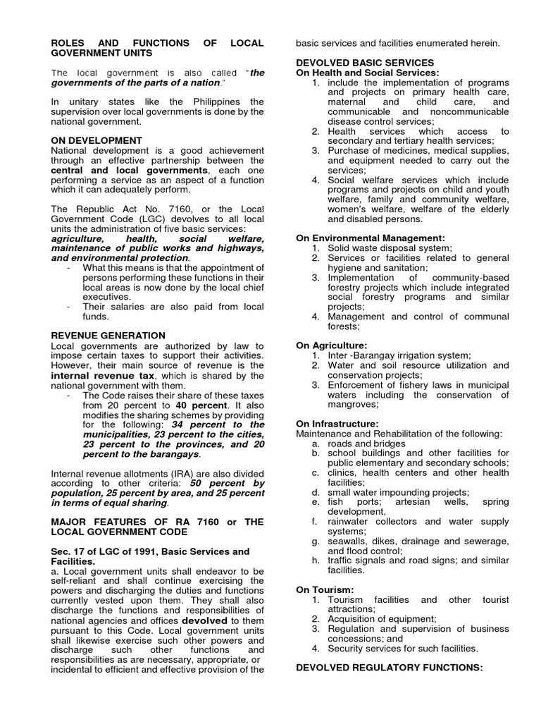 Roles and Functions of Local Government Units | PDF | Devolution ...