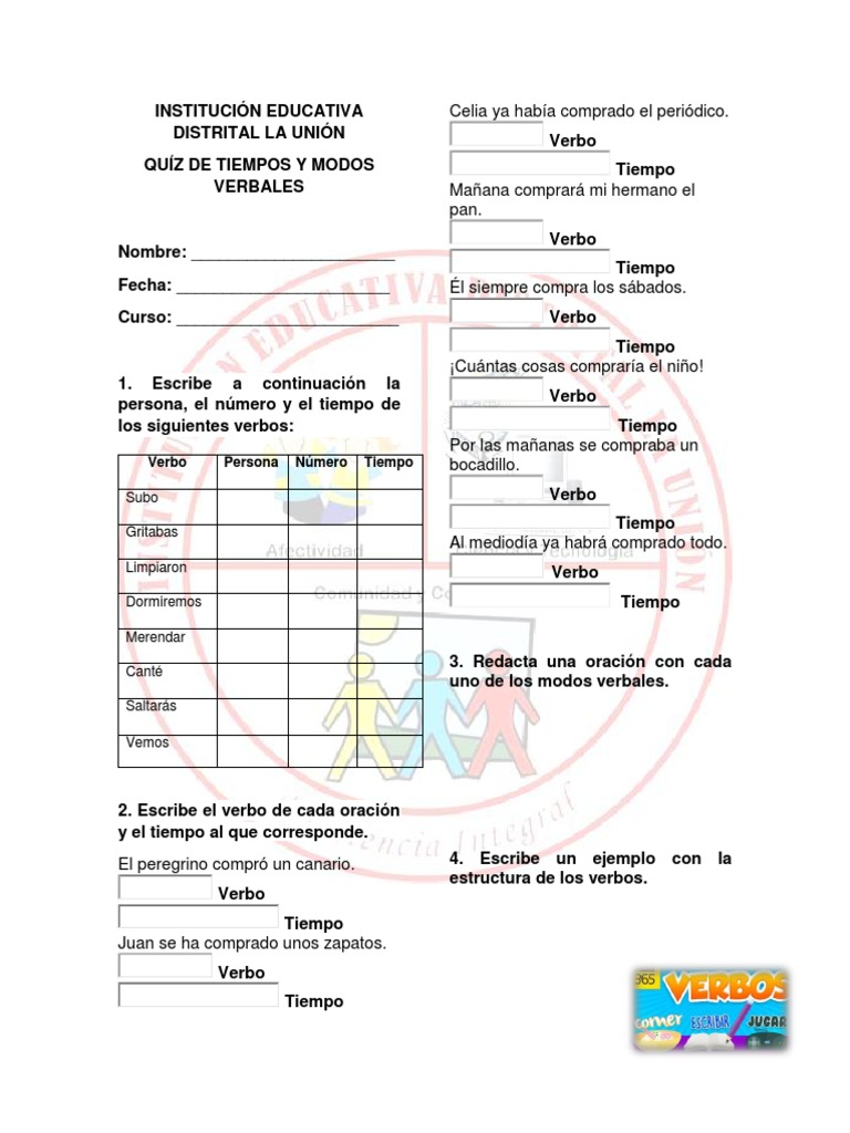 Quiz Del Verbo Tiempos y Modos..... 7° | PDF
