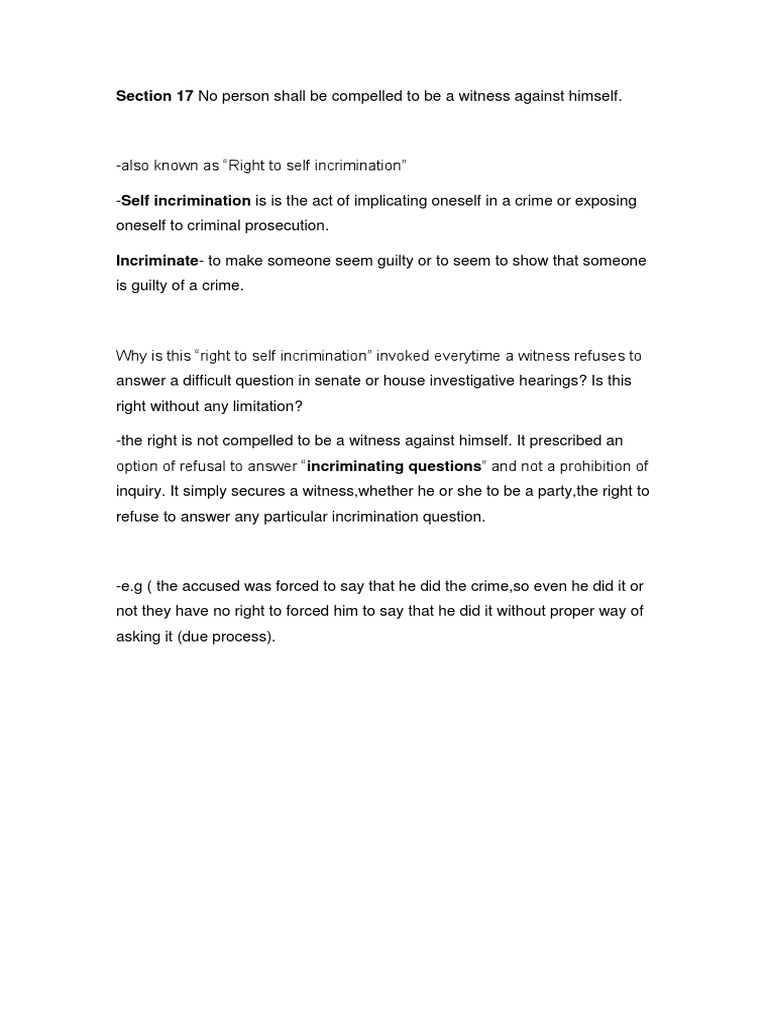 Section 17 No Person Shall Be Compelled To Be A Witness Against Himself ...
