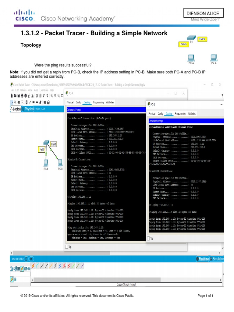 1.3.1.2 - Packet Tracer - Building A Simple Network: Topology | PDF