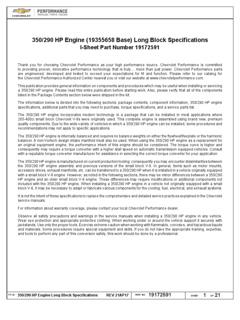 350/290 HP Engine (19355658 Base) Long Block Specifications: I-Sheet ...