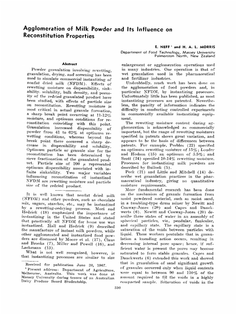 Agglomeration of Milk Powder and Its Influence On Reconstitution ...