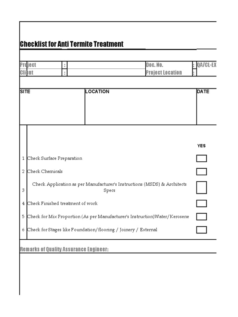 Checklist For Anti Termite Treatment: Project: Doc. No.: QA/CL-EXC ...