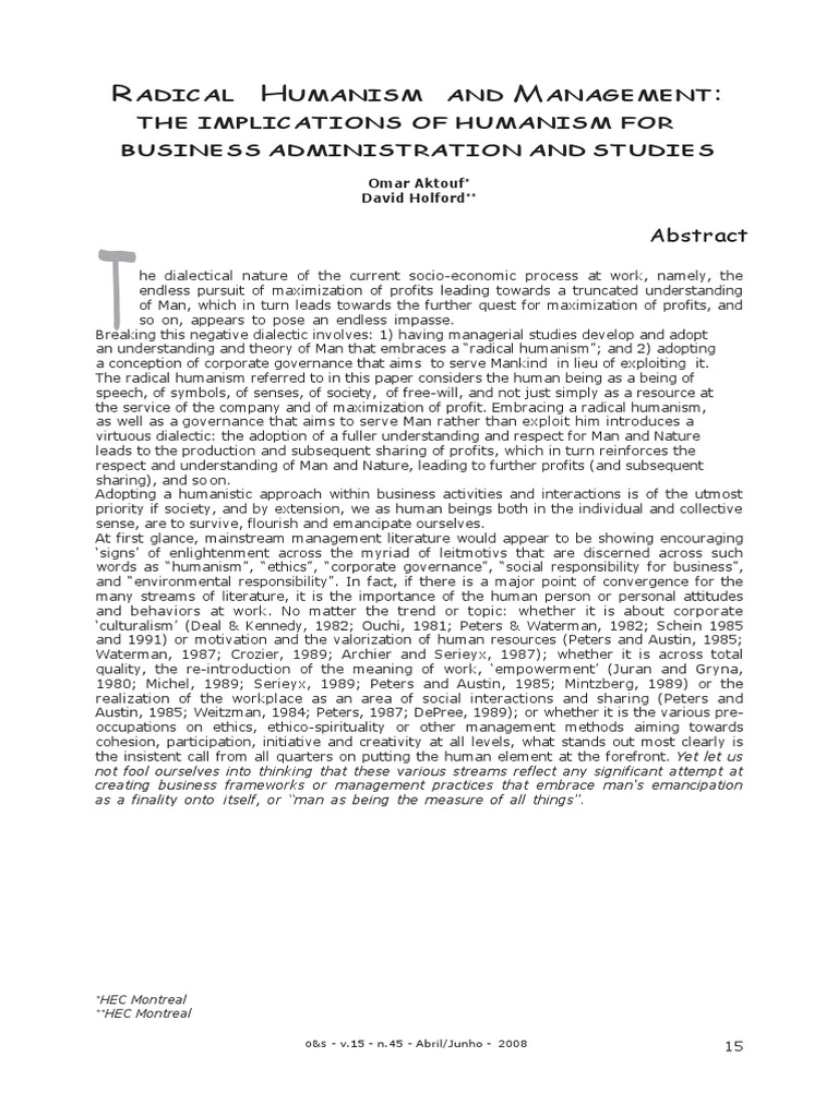 Adical Umanism and Anagement The Implications of Humanism For Business ...