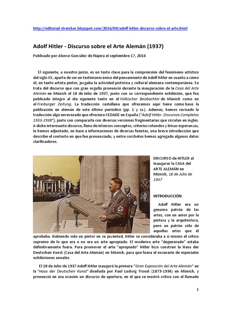 Adolf Hitler - Discurso Sobre El Arte Alemán (1937) | PDF | Alemania ...