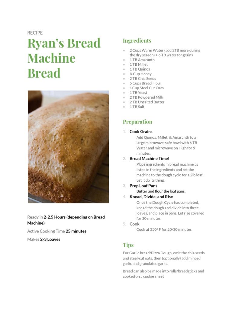 Ryan's Bread Machine Bread: Recipe | PDF | Breads | Dough