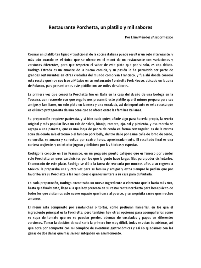 Reseña Restaurante Porchetta | PDF | Alimentos | Bienestar